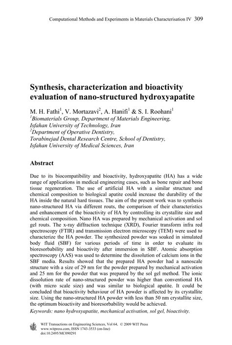 Pdf Synthesis Characterization And Bioactivity Evaluation Of Nano Structured Hydroxyapatite