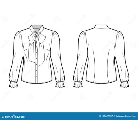 Pussy Bow Blouse Technical Fashion Illustration With Long Blouson Sleeves Flouncy Ruffled Cuffs