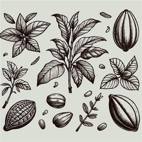 Cacao Beans Branch And Leaves Hand Drawn Vector Illustration Cocoa Beans Leaves And Seeds Set