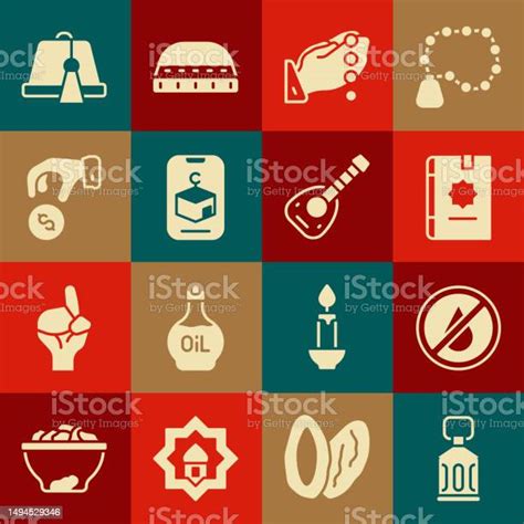 라마단 카림 랜턴 물 없음 코란의 거룩한 책 기도 자세의 손 별 초승달 자카트 지불 기부 터키 모자 및 류트 아이콘을