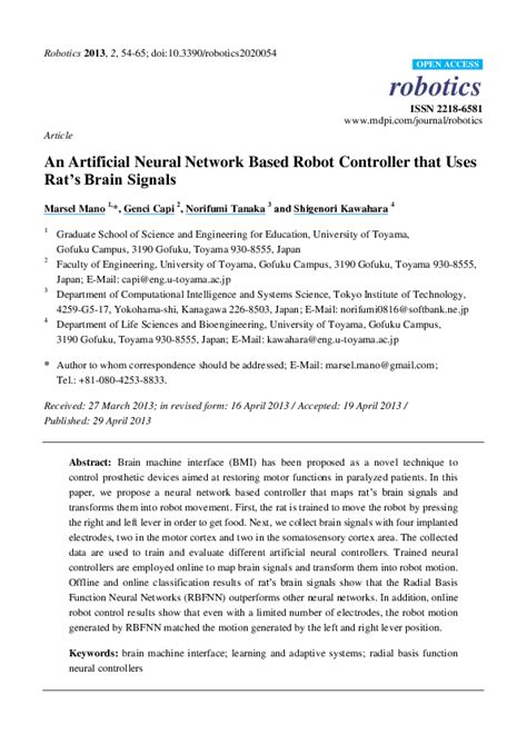 Pdf An Artificial Neural Network Based Robot Controller That Uses Rats Brain Signals