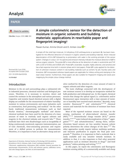 Pdf Simple Colorimetric Sensor For The Detection Of Moisture In Organic Solvents And Building