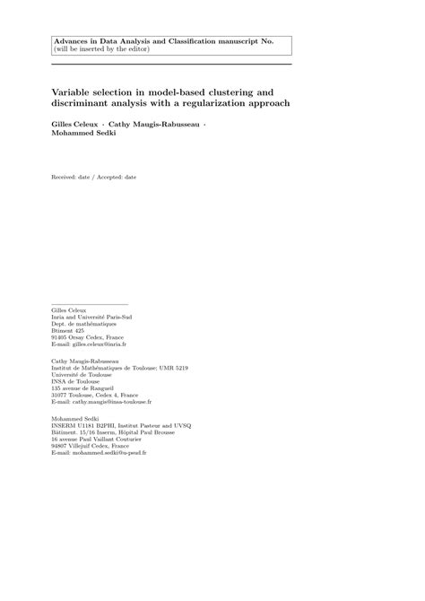Pdf Variable Selection In Model Based Clustering And Discriminant