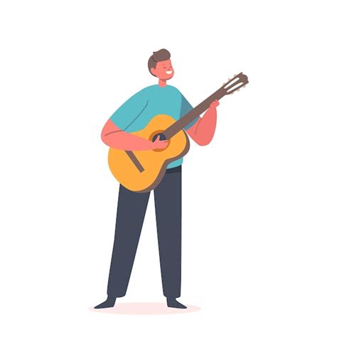 현장에서 어쿠스틱 클래식 기타를 연주하는 어린 소년 캐릭터 현악기가 있는 작은 음악가는 클래식 음악 공연 엔터테인먼트 만화 벡터