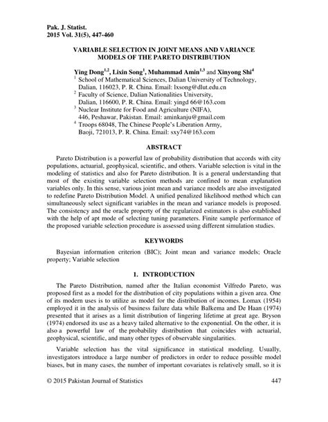 Pdf Variable Selection In Joint Means And Variance Models Of The Pareto Distribution
