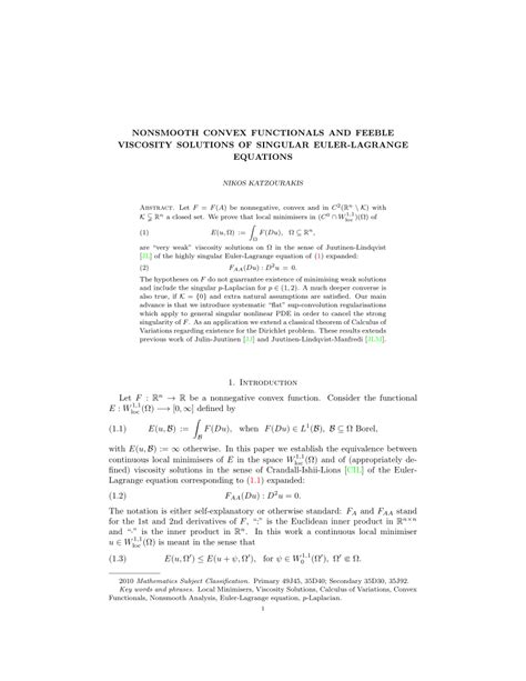 Pdf Minimisers Of Nonsmooth Convex Functionals And Feeble Viscosity Solutions Of The Euler