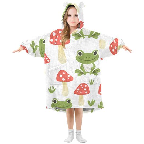 Cute Cartoon Frogs Leaves Mushrooms Flannel Wearable Blankets Hooded