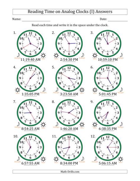Reading 12 Hour Time On Analog Clocks In 5 Second Intervals 12 Clocks I