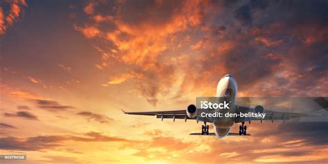 착륙 비행기입니다 백색 여객 비행기 풍경 화려한 일몰에 구름과 푸른 하늘에서 날고 있다 배경 여행 여객 정기 여객기입니다 비즈니스 여행입니다 상업 항공기입니다 개념 개념에