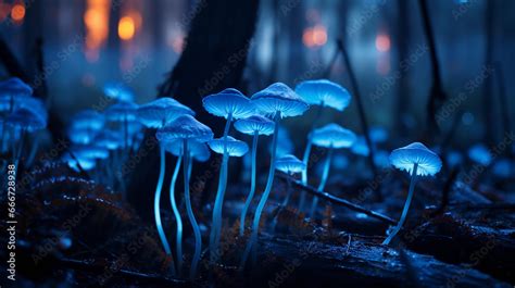 Clusters Of Luminescent Mycena Mushrooms Glowing In A Dark Forest At