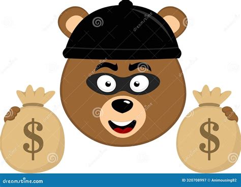 Vector Illustration Head Bear Grizzly Cartoon Robber Stealing Bags Of