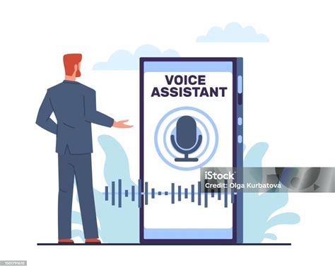 음성 비서 개념 스마트폰 옆에 서 있는 남자 마이크 화면의 사운드 모방 라인 화자 인식 앱 현대 기술 만화 플랫 스타일 벡터 일러스트레이션 Brand Name Smart