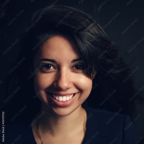 Portrait Of Beautiful Smiling Hispanic Latino Girl Woman With Dark