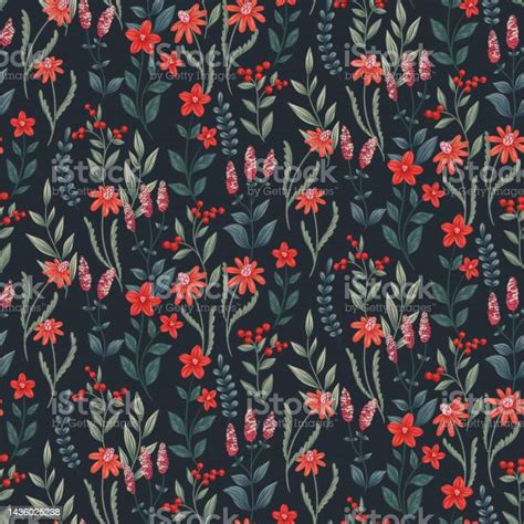 매끄러운 꽃 무늬 어두운 배경에 화려한 초원이있는 빈티지 꽃 디자인 벡터 개화기에 대한 스톡 벡터 아트 및 기타 이미지