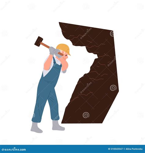 Miner Cartoon Character In Uniform And Helmet Working In Quarry For Natural Resources Extraction