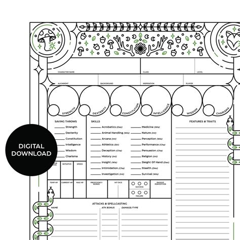 Druid Character Sheet Dandd 5e Etsy
