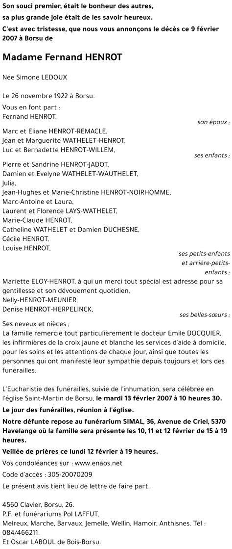 Avis De Décès De Simone Ledoux Décédé Le 09022007 à Annonce