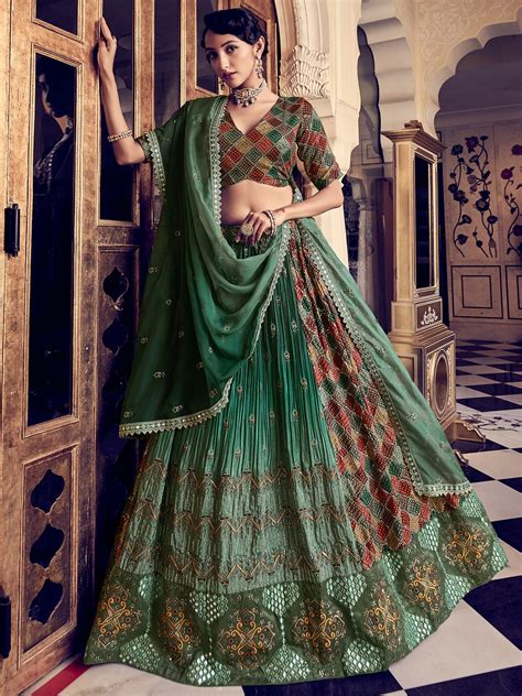 Rama Green Silk Dual Tone Chowkadi Butta Motif Lehenga Choli With