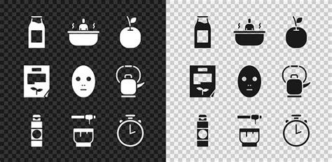 우유 욕조 사과 크림 또는 로션 화장품 튜브 꿀 디퍼 스틱과 그릇 스톱워치 리프 문서 및 페이셜 마스크 아이콘이 있는 병을 설정합니다 벡터 건강한 생활방식에 대한 스톡 벡터