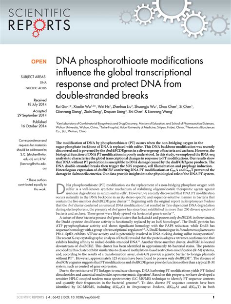 Pdf Dna Phosphorothioate Modifications Influence The Global Transcriptional Response And