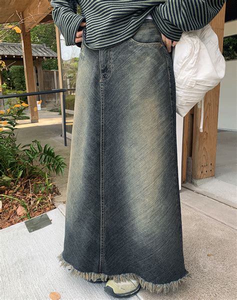 바온 이코이 빈티지 프린지 워싱 데님 롱 스커트 2color 위시버킷