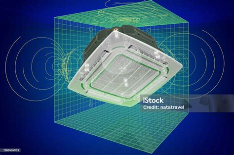 천장 카세트 단위의 시각화 3d Cad 모델 에어컨의 실내 단위 청사진 3d 렌더링 0명에 대한 스톡 사진 및 기타 이미지