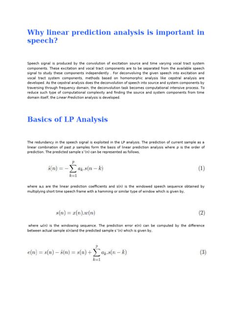 Why Linear Prediction Analysis Is Important In Speech Pdf