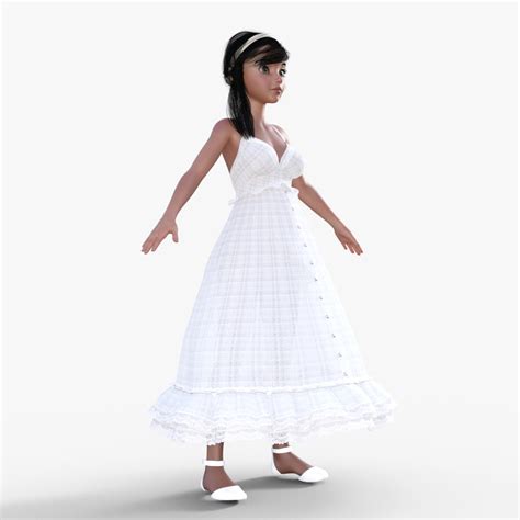 3d Cartoon Brunette Girl In White Dress Turbosquid 1966676