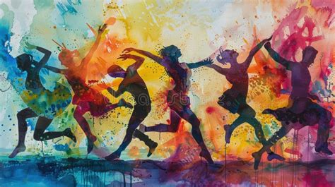Silhouettes Of Dancers In Dynamic Poses Against A Vivid Colorful