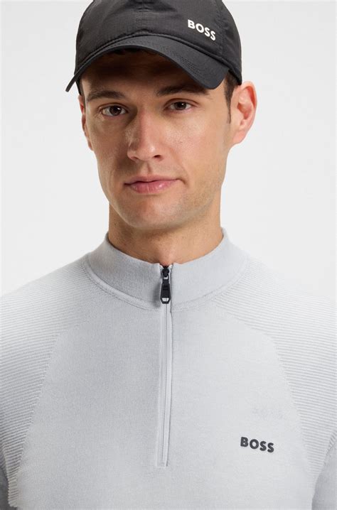 Boss Cotton Blend Sweater With Quarter Zip And Body Mapping Light Grey