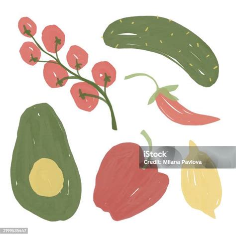 샐러드 상품 세트입니다 손으로 그린 신선한 야채 아보카도 오이 토마토 피망 칠리 레몬의 그림 건강한 생활방식에 대한 스톡 벡터 아트 및 기타 이미지 Istock