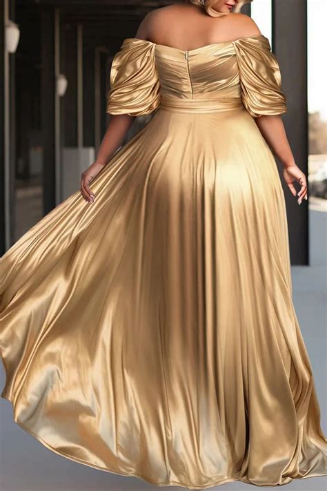 Xpluswear Design Plus Size Formal Gold Off The Shoulder Puff Sleeve