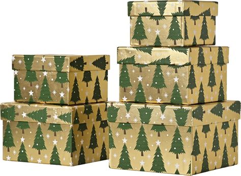 Paper Fair 5pcs Christmas Nesting T Boxes Set Gold Foil Green Xmas Tree Flat