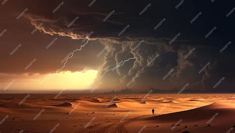 Premium Ai Image Scavenger In The Desert On The Horizon Dark Clouds With Lightning