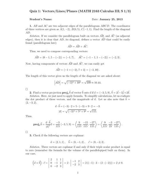 Quiz 1 Vectorslinesplanes Math 2163 Calculus Iii S 13