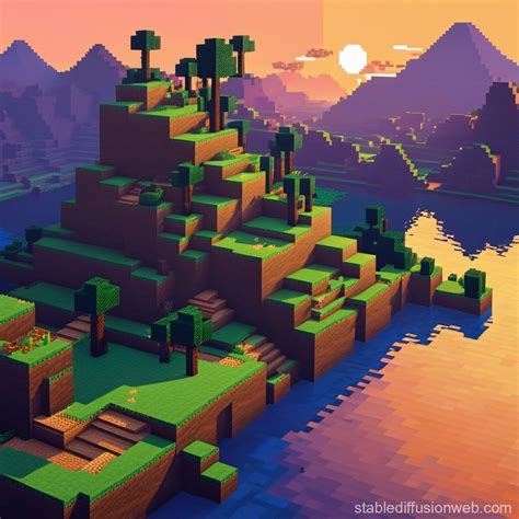 Minecraft Landscape At Sunset Stable Diffusion Online
