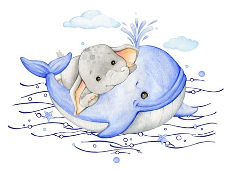 고립 된 배경에 만화 스타일의 귀여운 아기 코끼리 고래 바다 불가사리 수채화 클립 아트 프리미엄 벡터