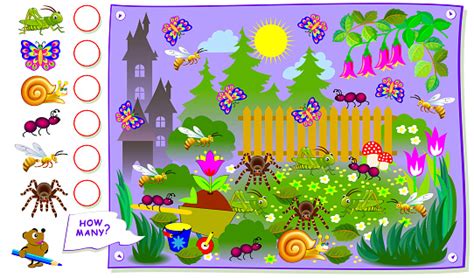 어린이를 위한 인쇄 가능한 교육 페이지 정원에는 얼마나 많은 곤충이 숨어 있습니까 아기 책을 위한 논리 퍼즐 게임 수량을 세고 원을 그리며 숫자를 씁니다 벡터 만화