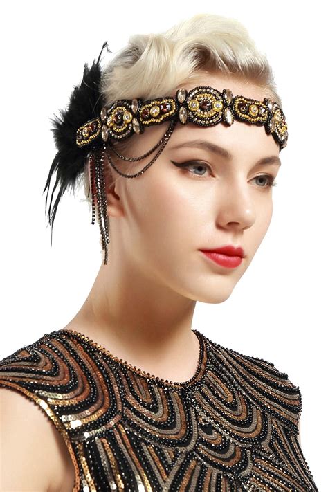 Babeyond 1920s Flapper Headband Roaring 20s Gatsby Headpiece Black