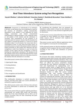IRJET Real Time Attendance System Using Face Recognition PDF