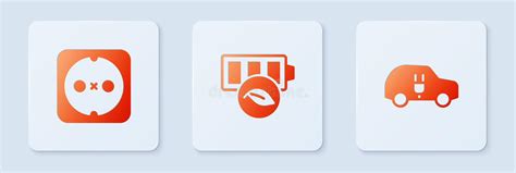 Set Eco Nature Leaf Battery Electrical Outlet And Car White Square