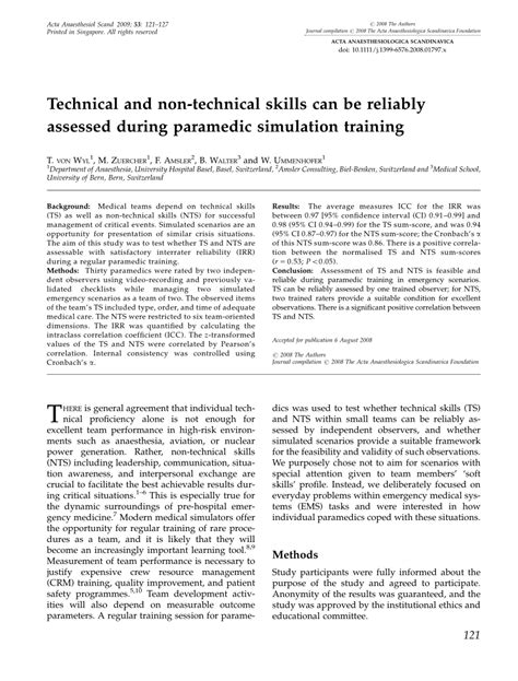Pdf Technical And Non Technical Skills Can Be Reliably Assessed During Paramedic Simulation