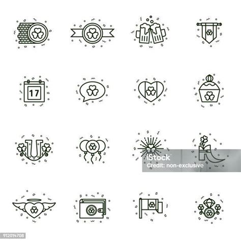 세인트 패 트 릭의 날 및 아일랜드 라인 아이콘 관련 개요 아일랜드 표지판의 집합 동전 토끼풀 달력 심장 호스 슈 풍선 깃발 먹고 캘린더 배너 맥주 머그잔 요정 신발 17에