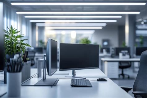 Modern Office Workspace With Two Computer Monitors And A Keyboard And Mouse On A White Desk