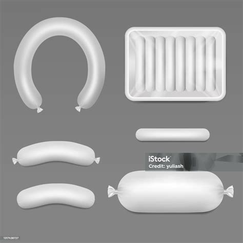 벡터 사실적인 소시지 세트 포장 모형 브랜딩을 위한 다양한 양식 빈 음식 템플릿 Eps10 가방에 대한 스톡 벡터 아트 및 기타