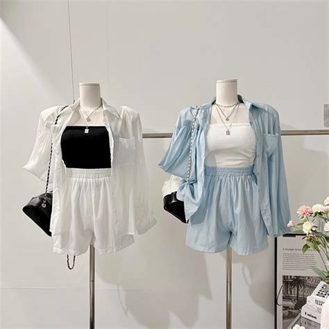 셔츠반바지set페미닌 여름 손목 밴딩 오버핏 실키 새틴 쉬폰 시스루 셔츠 블라우스 밴딩 와이드 반바지 숏팬츠 투피스 세트 4color