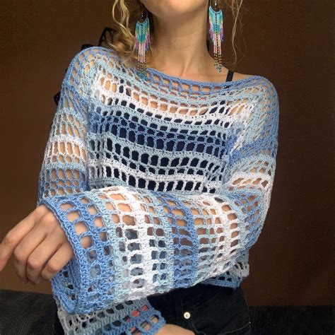 Crochet Mesh Top In Light Blue And White Knitted Crop Top Etsy En
