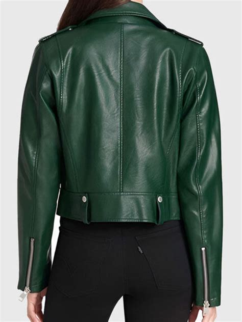 Womens Biker Cropped Green Leather Jacket Fit Jackets
