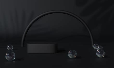 빈 배경 3d 렌더링이 있는 광고 디스플레이의 검은색 연단 및 검정색 배경 스탠드 또는 연단 받침대 프리미엄 사진