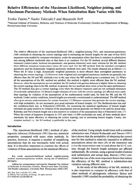 PDF Relative Efficiencies Of The Maximum Likelihood Neighbor Joining